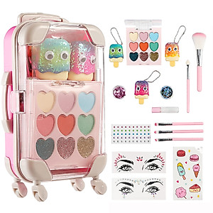 16Pcs Makeup Set for Girls with Suitcase, Eyeshadow Palette, Fruity Flavors Lip Glosses, Brushes, Stickers and Glitters in Realistic Suitcase Toy for Kids Makeup Ages 5+, Non Toxic & Kids Friendly