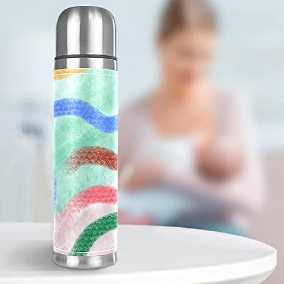 Stainless Steel Leather Vacuum Insulated Mug Colored Lines Thermos Water Bottle for Hot and Cold Drinks Kids Adults 16 Oz