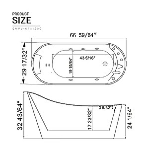 Empava 67 in. Acrylic Freestanding Tub Hydromassage Gracefully Oval Shaped Whirlpool 7 Water Jets Soaking SPA, Single-Ended Massage Bathtub with Pillow