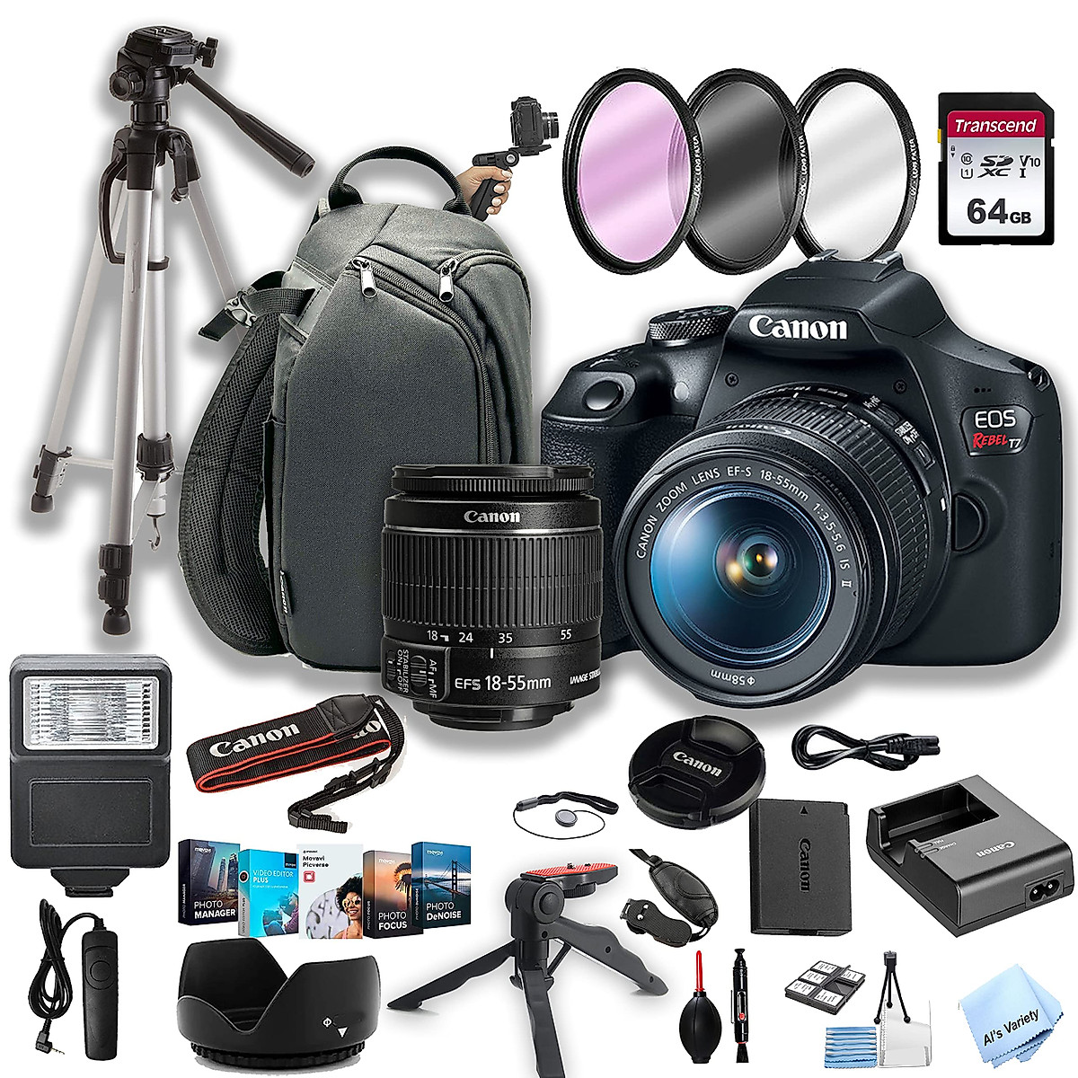 Canon EOS Rebel T7 DSLR Camera w/EF-S 18-55mm F/3.5-5.6 Zoom Lens+ 64GB Memory + Flash + Canon Sling Case + Steady Grip Pod + Tripod + Filters + Software + More (34pc Bundle)