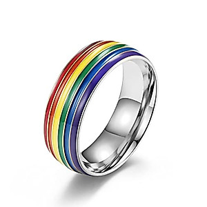Unisex Rainbow Lines Ring Classic Stainless Steel Pride LGBTQ Wedding Band Women Men's Finger Jewerly US Size 7-12