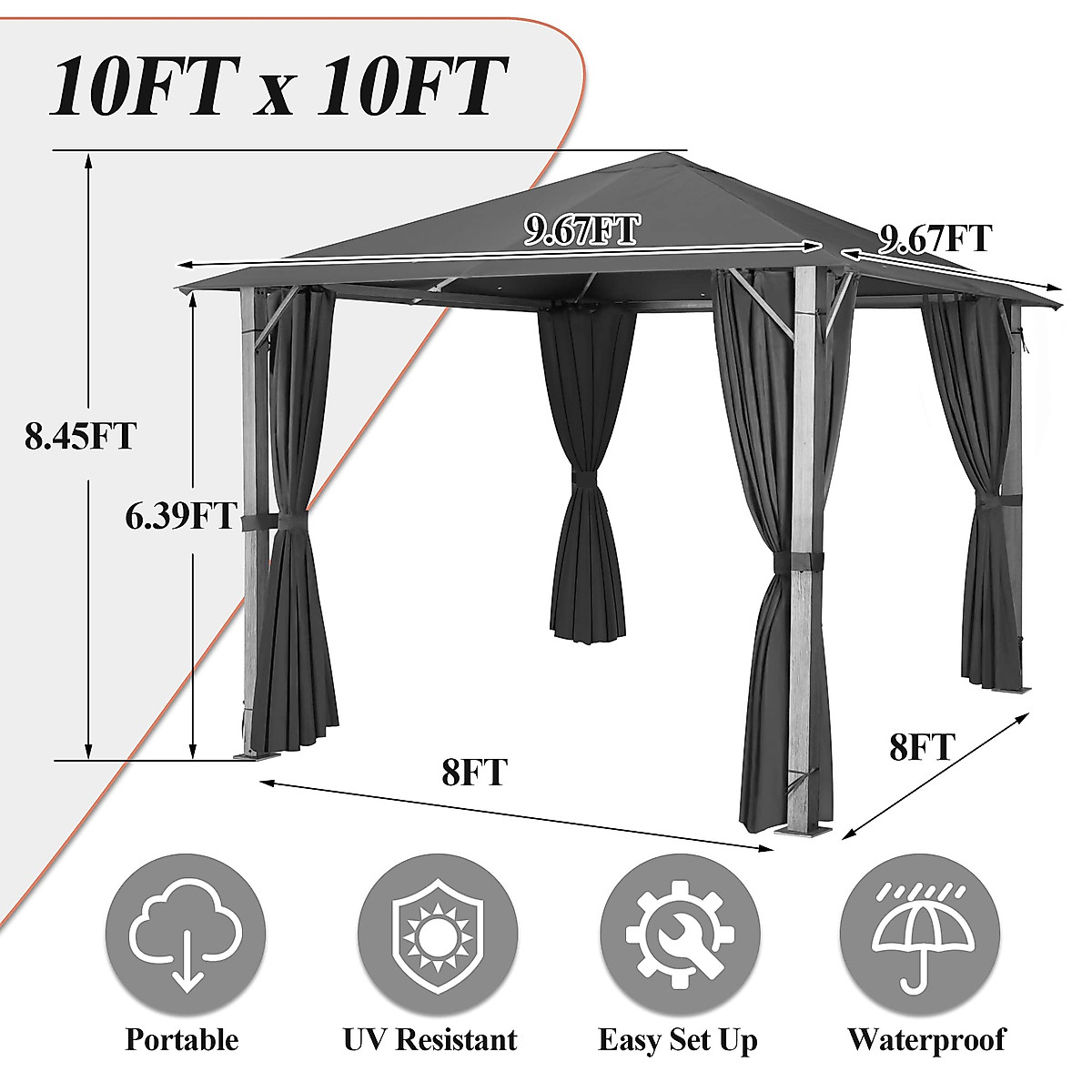 Raysfung 10' x 10' Gazebo Aluminum Frame Outdoor Gazebo with Curtain Canopy Shelter with Sidewalls, Vented Roof for Garden, Patio, Backyard (Grey)