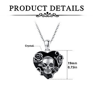 TRISHULA Skull Necklace, 925 Sterling Silver Rose Skull Pendant with Austrian Black Heart Crystal Gothic Skull Horror Jewelry Gift for Women Halloween Mother's Day