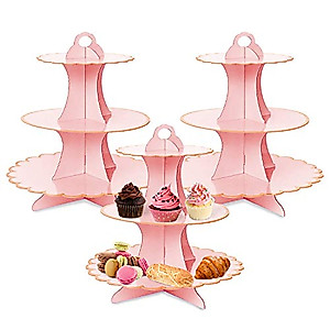 Cupcake Stand,3 Set of 3-Tier Dessert Plates Mini Cakes Fruit Candy Display Tower Cookie Tray Rack Candy Buffet Holder Cake Stand Cardboard Cupcake Stand Tiered Serving Stand (Pink)
