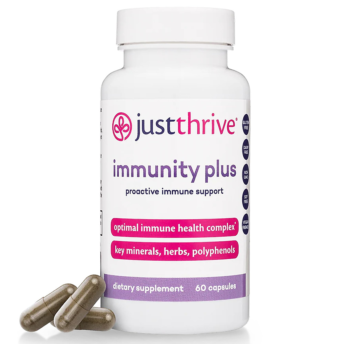 Just Thrive Immunity Plus - Vegan Gut Health and Immune Support Supplement for Kids and Adults, 60 Capsules