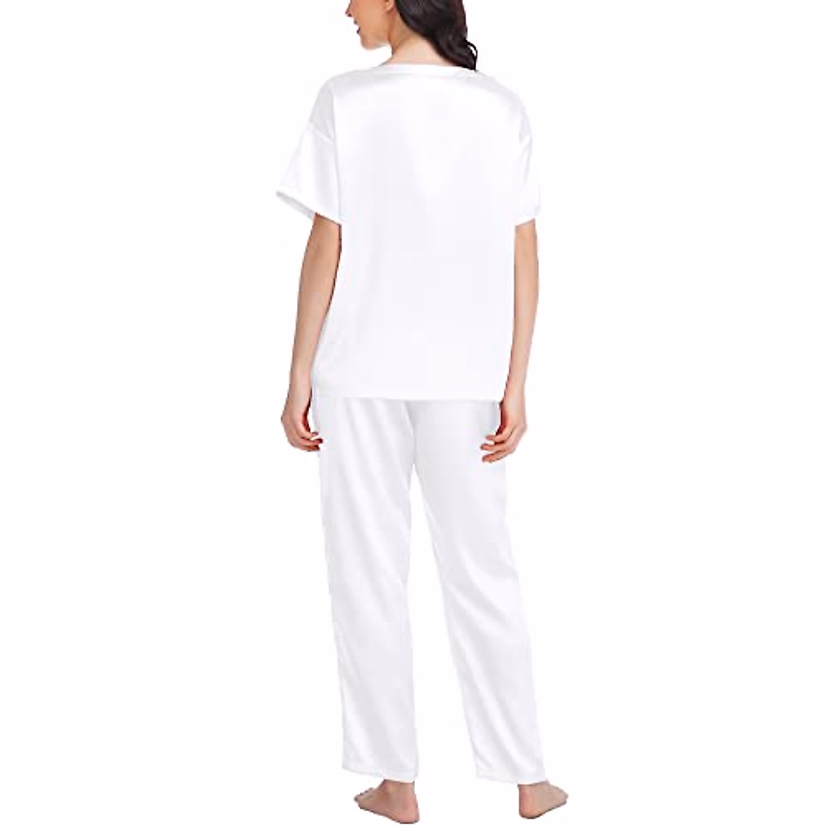 SWOMOG Pajamas Satin Pajamas Short Sleeve Silk Pjs Loungewear Long Pajama Pant Set Ladies Pajamas for Women Two Piece Pajama Set M White