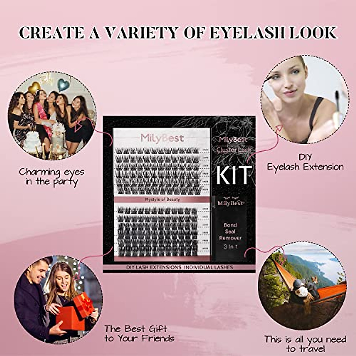 MilyBest DIY Eyelash Extension Kit with 144 Pcs Lash Clusters Bond and Seal Eyelash Glue Remover Eyelash Tweezers Applicator Beginner Set 10-16mm Thin Band Cluster Lashes Kit (Kit-2 Styles, M02)