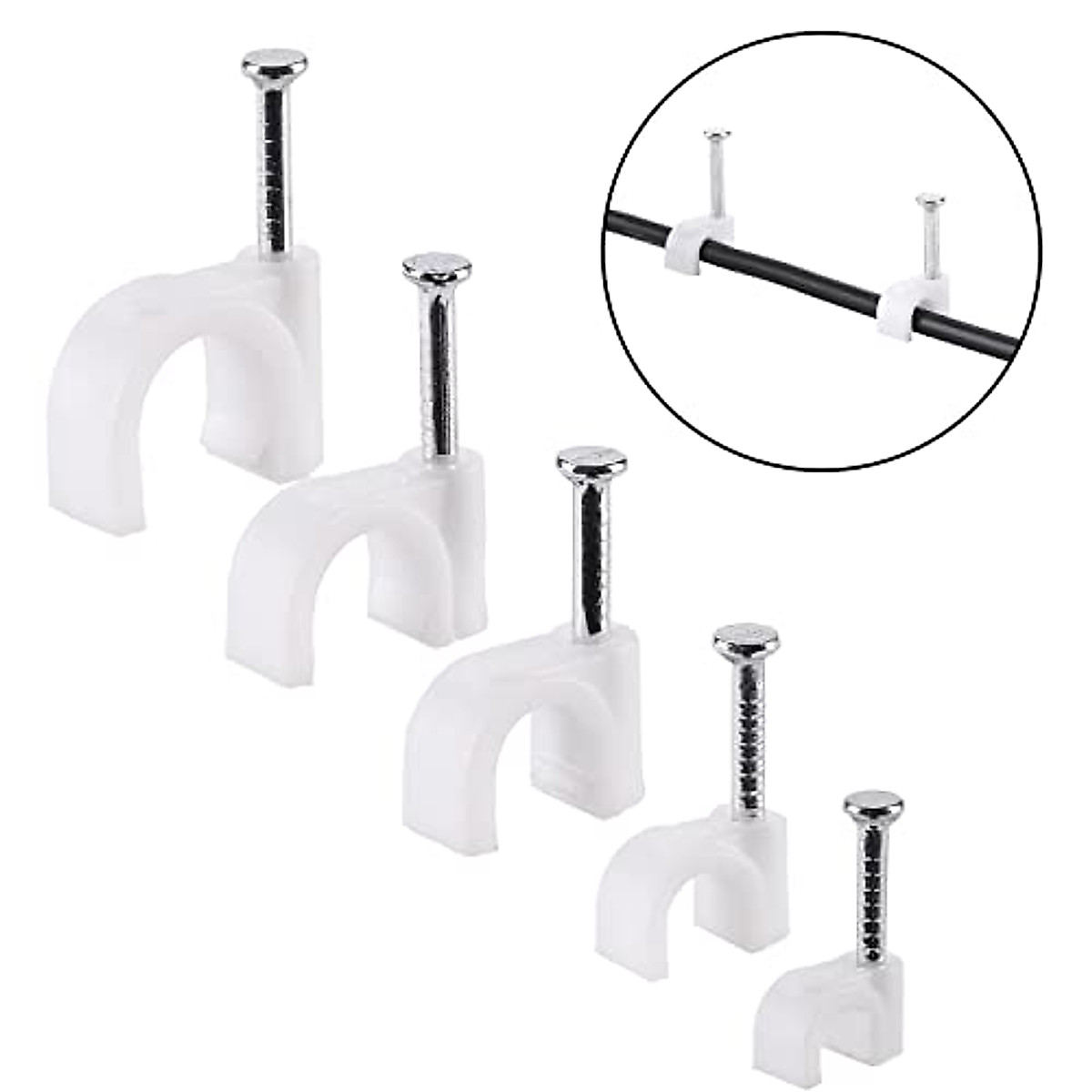 Bates- Cable Clips with Steel Nails, White, 360 pcs, 4mm 5mm 6mm 8mm 10mm, Wire Clips, Cord Clips, White Cable Clips, Ethernet Cable Clips, Cable Wire Clips, Coax Cable Clips, Cable Cord Clips.