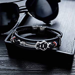 TEMICO Mens Womens Black Leather Cuff Bracelet Multi-Layer Cowhide Handmade Woven Rope Guitar Wristband