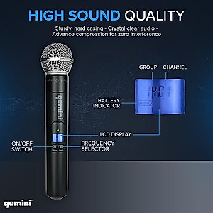 Gemini Sound Pro Dual Wireless Microphone System, Professional Handheld Long Range (150 Ft) Mic Set for DJ, Church, Karaoke, XLR Connector, 2 (UHF-6200M) Microfono