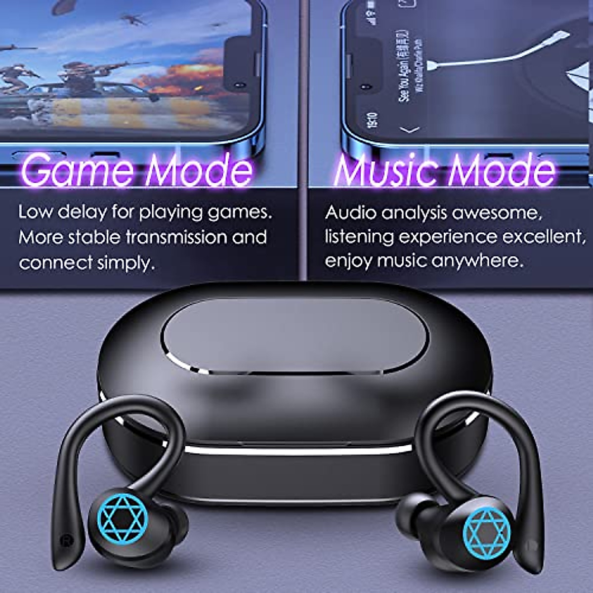 Wireless Earbuds Bluetooth Sports Earphones with Earhook, Long Playtime Earbuds in Ears, Hands Free Stereo Noise Cancelling Earphones with HD Mic, Waterproof Earphones for Exercising/Running/Game