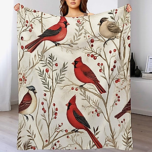 MaSiledy Red Birds Pine Cones Berry Winter Holiday Blanket Cardinal Red Birds Throw Blanket for Couch 60"x80" Throw Blankets Flannel Blanket Home Decor for Bed Couch Chair Living Room for Adults