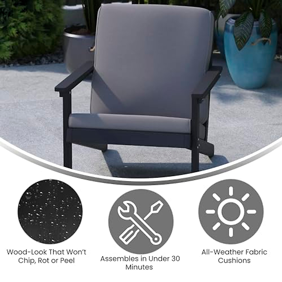 BizChair Adirondack Style Deep Seat Patio Club Chair with Cushions - Black Poly Resin Frame - Cream All-Weather Cushions - Indoor/Outdoor