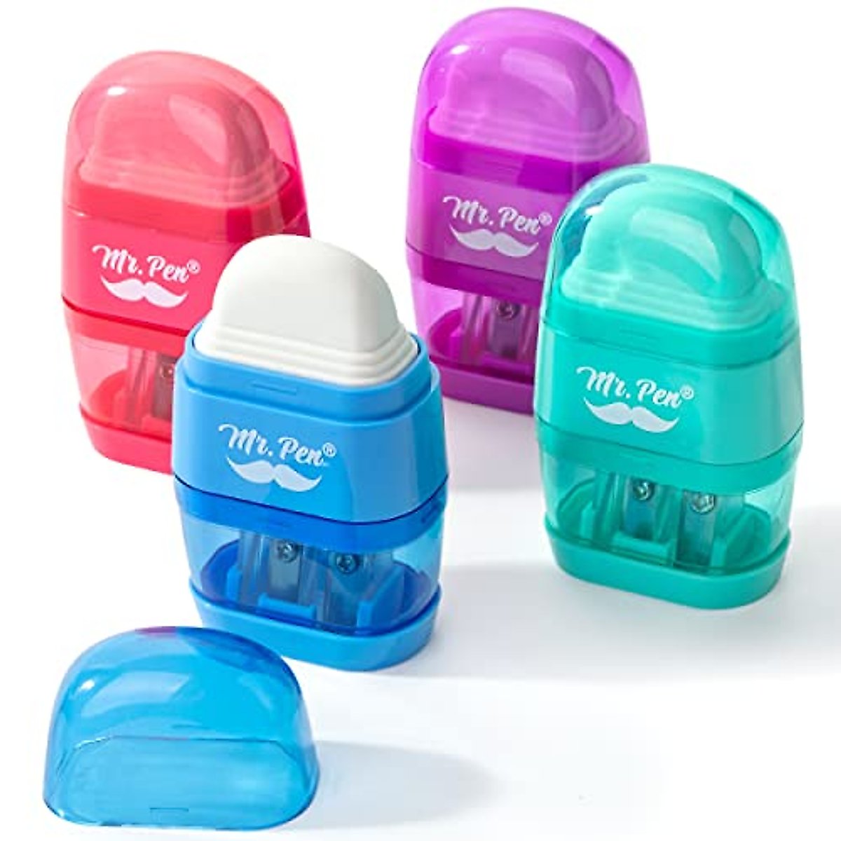 Mr. Pen- Pencil Sharpener & Eraser, 4 Pack, Colorful, 2 Sharpening Holes, Pencil Sharpeners Manual, Manual Pencil Sharpener, Pencils Sharpener, Handheld Pencil Sharpener, Small Pencil Sharpener