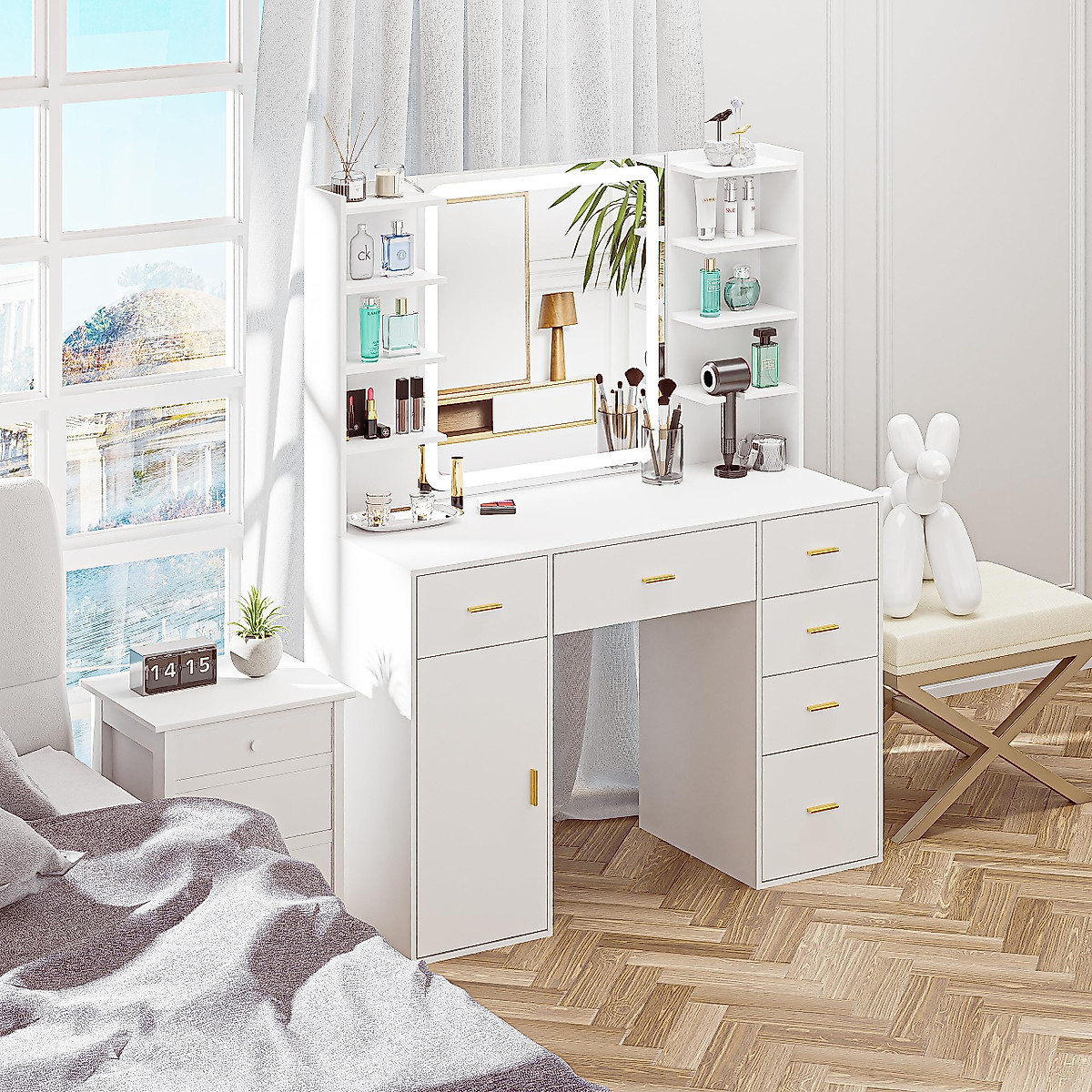 VoirStar Vanity Desk with Mirror & Light, Makeup Vanity with Lights, 6 Drawers Makeup Table with Mirror, 3 Lighting Colors, Dressing Table, Large Storage Vanity Desk with Shelf, White