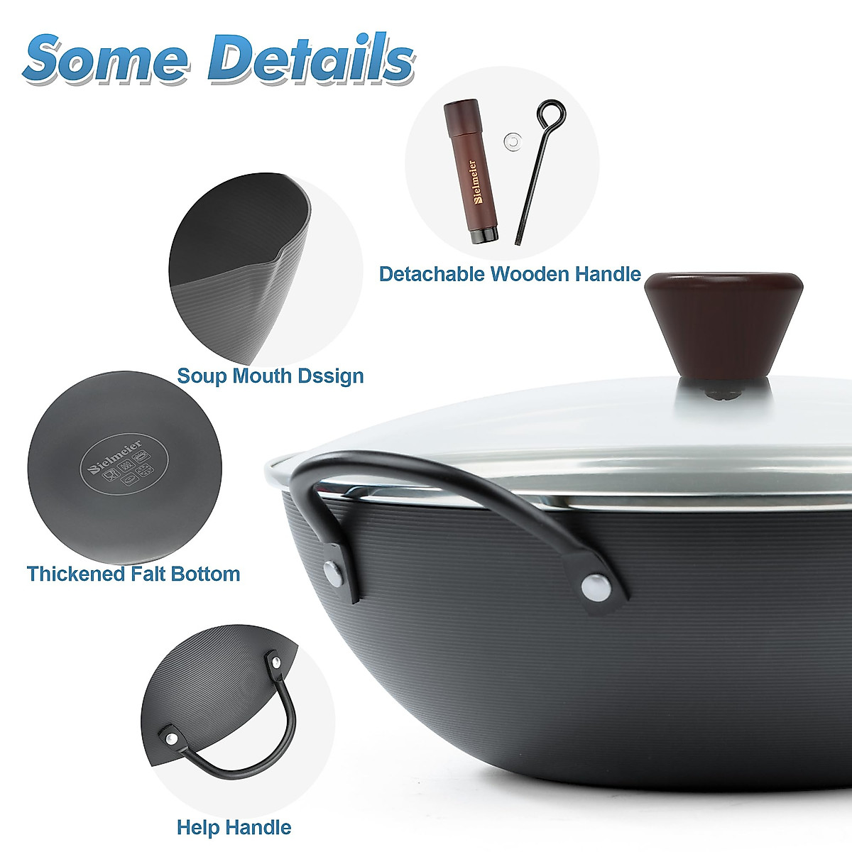 BIELMEIER Wok Pan with Lid， Versatile and Durable Carbon Steel Wok - Natural Non-Stick Woks and Stir Fry Pans, Flat Bottom Wok Suitable for All Cooktops - Perfect for Asian Cuisine