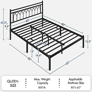 Yaheetech Queen Bed Frame, Metal Platform Bed with Modern Style Petal Accented Headboard, Mattress Foundation with Spacious Underbed Storage, No Box Spring Needed, Easy Assembly, Black Queen Bed