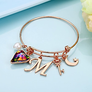 Memorjew Gifts for Women Teen Girls, Rose Gold Letter C Initial Charm Bracelets Teenage Teen Girls Gifts for Jewelry Mothers Day Valentines, Heart Bangle Flower Girl Bridesmaid Gifts for Wedding