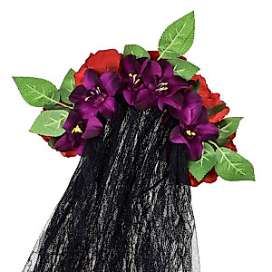 June Bloomy Day of the Dead Headpiece Rose Floral Crown Veil Halloween Costume Mexican Headband (Burgundy)