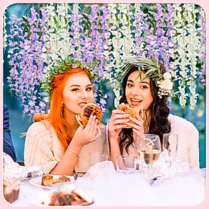 Artificial Wisteria Hanging Flowers 3.6 ft Artificial Fake Wisteria Vine Rattan Hanging Garland Silk Flowers String for Wall Home Wedding Party Greenery Decorations (Purple, White,24 Pcs)