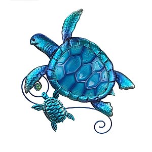 JOYBee Metal Sea Turtle Wall art Decor Outdoor Indoor Nautical Hanging Art Blue Green Stained Glass Decorative Sculpture for Garden Pool Patio Balcony Kitchen or Bathroom(12.5 * 11inch)