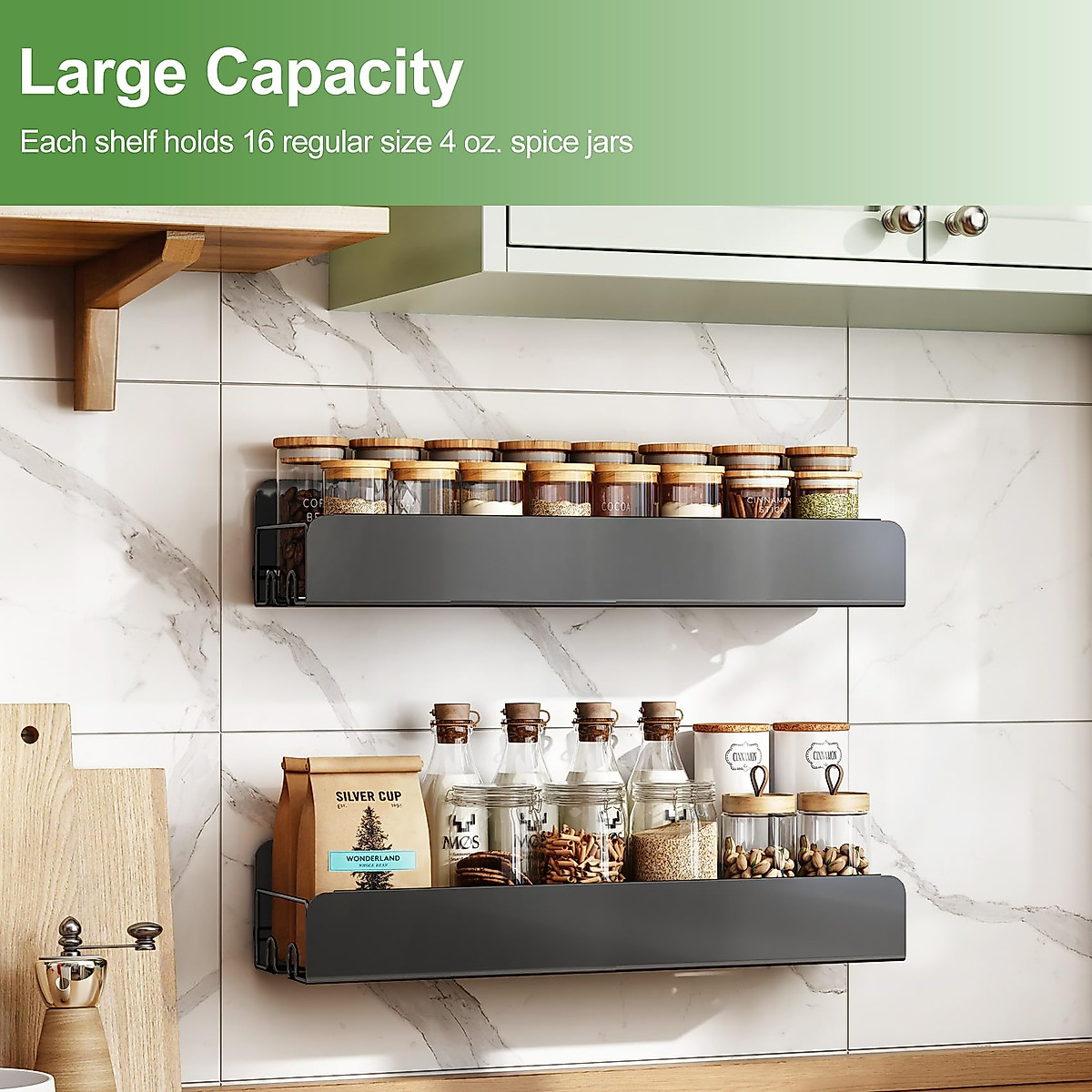 Kitstorack Spice Rack Wall Mount, 2 Pack 15.7" Oversize Spice Rack Organizer without Drilling Large Adhesive Hanging Spice Racks, Kitchen Essentials Home Decor, Black,for Smooth Walls