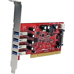 StarTech.com 4 Port PCI SuperSpeed USB 3.0 Adapter Card with SATA/SP4 Power, Quad Port PCI USB-A 3.0 (5Gbps) Controller Card, Red, Windows Only , TAA (PCIUSB3S4)