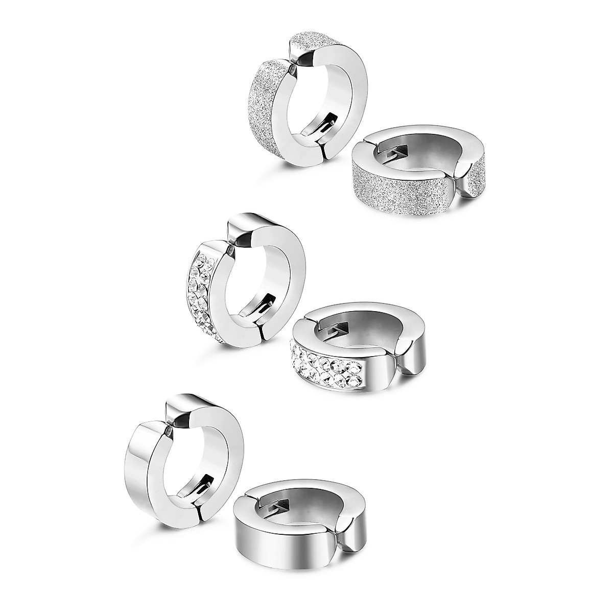 Jstyle 3 Pairs Stainless Steel Mens Womens Hoop Earrings Clip On CZ Non-Piercing S