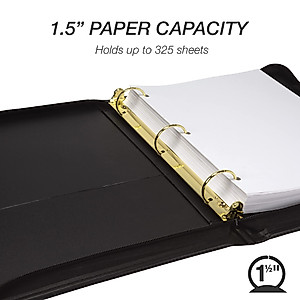 Samsill Classic Professional Binder, 3 Ring Binder with 1.5 Inch Brass Round Rings and Zipper Closure, Portfolio Binder, Brass Corner Accents, Black