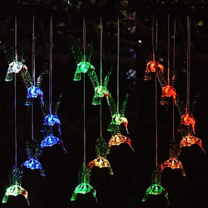 Chasgo Solar Hummingbird Wind Chime Color Changing Solar Mobile Wind Chime Outdoor Mobile Hanging Patio Light