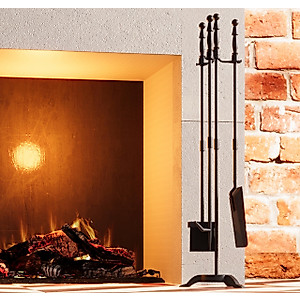 Fire Beauty Fireplace Tools Set 4 Pieces Black Wrought Iron Fire Tool Set for Outdoor/Indoor Include Poker, Shovel, Brush and Stand Accessories Set