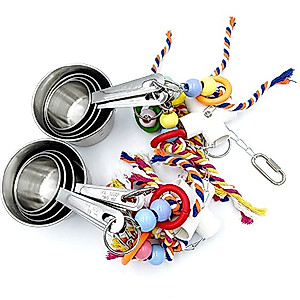 GILYGI New Upgraded Pots and Multicolored Ring Toys, Pullable 8 Stainless Steel Cups and 8 Wooden Ring Toys for Large and Extra Large Parrot Amazons Macaws African Greys Cockatoos