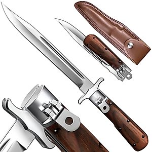 Grand Way 12.2" Retro Folding Knife with Wood Handle & Leather Sheath - 7.8" Long Foldable Sharp Blade - Large Pocket Knife for Men Camping Hunting Survival Work 12 KG…