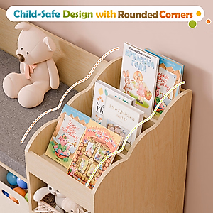 MU Kids Bookshelf with Reading Nook, Wooden Toy Storage Organizer with Chalkboard and Bench, Kids Reading Nook for Boys & Girls, Toddler Toy Shelf for Bedroom, Nursery, Playroom, Natural Oak