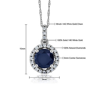 Gem Stone King 14K White Gold Blue Sapphire and Diamond Pendant Necklace For Women (1.17 Cttw, Round Cut 6MM, Gemstone Birthstone, with 18 Inch Chain)