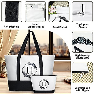 AUNOOL Personalized Tote Bag for Women Initial Embroidery Makeup Bag, Canvas Beach Tote with 2 Pockets, Bridal Party Gifts Reusable Grocery Bags for Wedding Holiday Shopping Picnic Travel Letter E