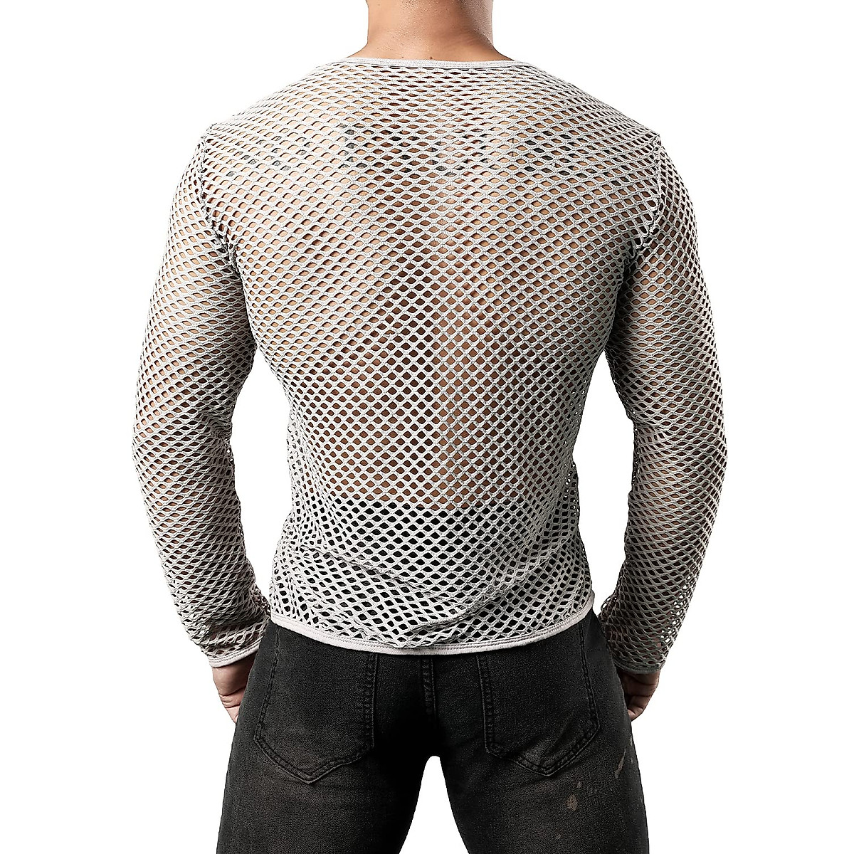 JOGAL Men's Mesh Fishnet Fitted Long Sleeve Muscle Top X-Large WG04 Grey