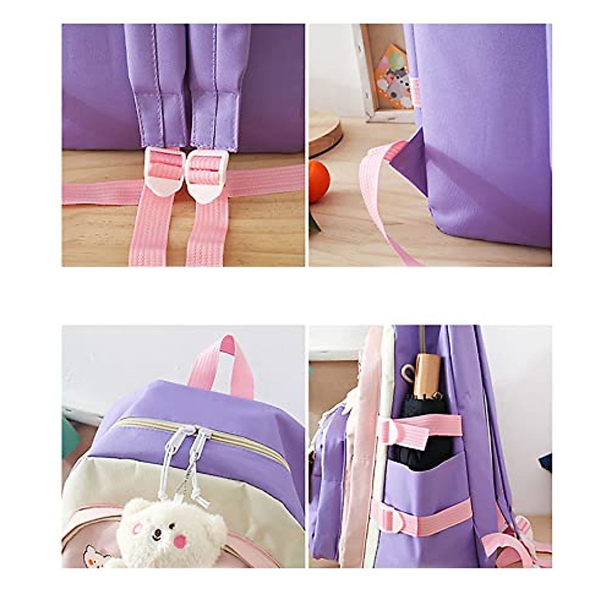 TUDERE Kawaii backpack set of 5 pieces aesthetic backpack for school teenage girls' daily necessities with charm and pins, pencil case, tote bag, small bag.