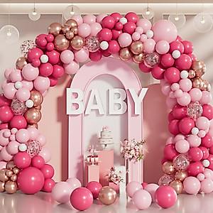 Grcypa 148pcs Pink Balloon Garland Arch Kit, Hot Pink White Metallic Rose Gold Confetti Balloons for Princess Theme Party Decorations Girl Birthday Baby Shower Bridal Wedding Valentine's Decorations