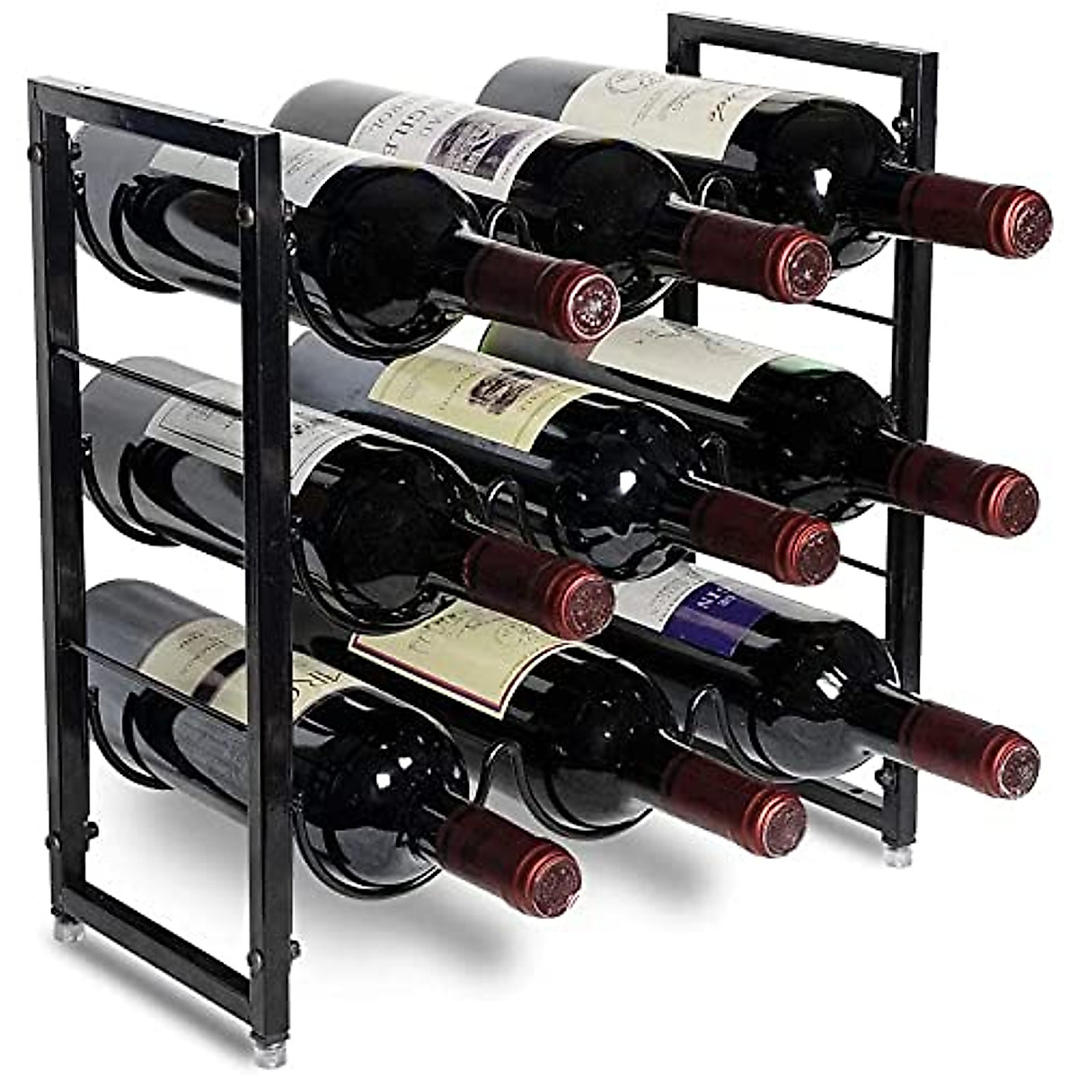 POPKU 9-Bottles Wine Rack - 3 Tier Stackable Wine Holder for Bottles - Classic Style Wine Shelf for Pantry, Perfect for Bar, Wine Cellar, Basement, Cabinet, Pantry, etc - Metal (Black)