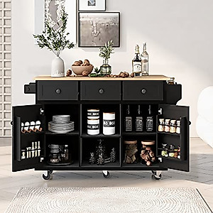 KELRIA Kitchen Cart with Drop-Leaf Countertop, Kitchen Island on 5 Universal Wheels with Open Shelves, Storage Cabinet and 3 Drawers, Large Rubberwood Top Breakfast Bar for Dining Room
