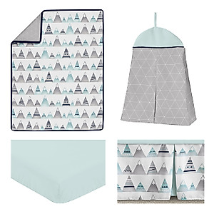 Sweet Jojo Designs 4 pc. Navy Blue, Aqua and Grey Aztec Mountains Baby Boy or Girl Unisex Crib Bedding Set Without Bumper