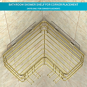 Yazoni Corner Shower Caddy, Adhesive Shower Shelves No Drilling [2-Pack], Rustproof Stainless Steel Bathroom Shower Organizer with 8 Hooks, Shower Shelf for Inside Shower (Gold)