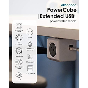 Power Strip, Allocacoc PowerCube |Extended|, 4 Outlets 2 USB Ports, 10 feet Cable, Surge Protection, Mounting Dock, Compact for Travel, Home and Office, Space Saving, ETL Certified …