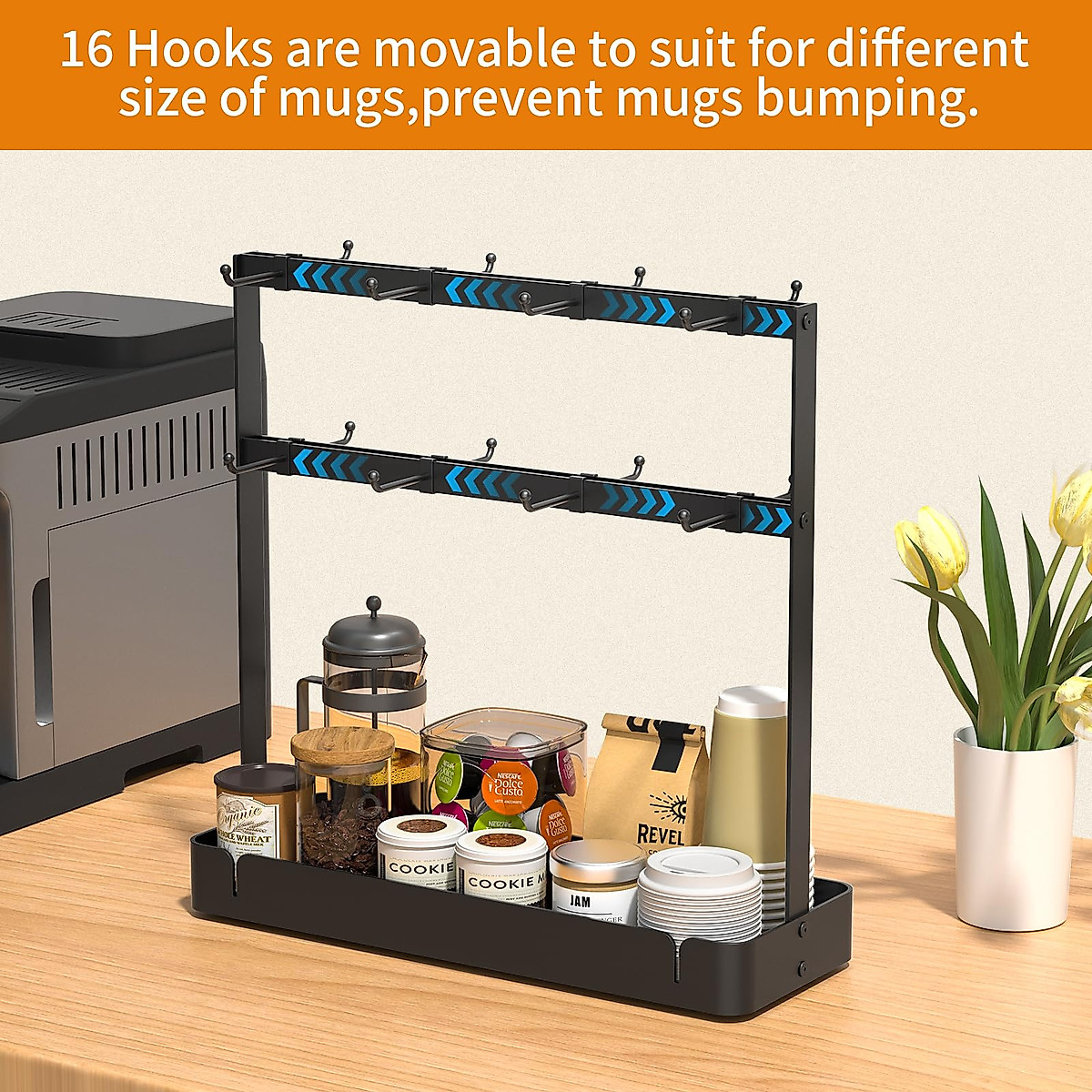 RCHYFEED Coffee Cup Holder for Countertop, Aluminum Alloy Coffee Mug Holder Organizer with 16 Movable Hooks, 2 Tier Coffee Mug Tree Stand Rack with Storage Basket for K Cup Coffee Bar Kitchen