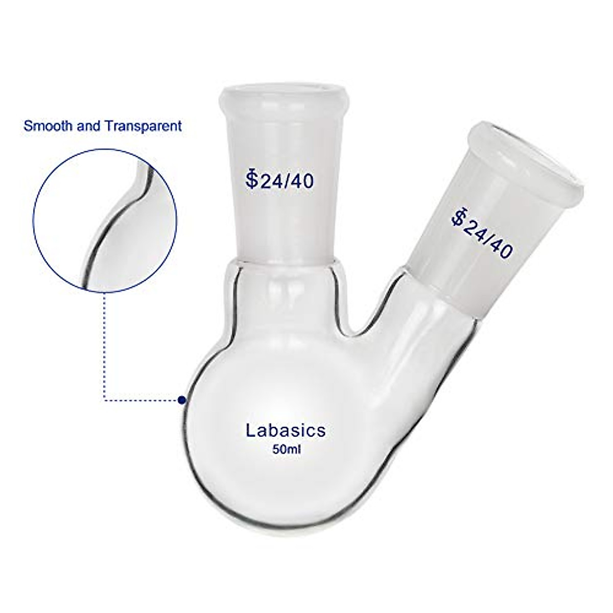 Labasics Glass 50ml 2 Neck Round Bottom Flask RBF, with 24/40 Center and Side Standard Taper Outer Joint, 50ml
