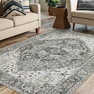 Lanffia Boho Washable Rugs 5x7 for Living Room,Grey Vintage Tribal Area Rug for Entryway Office Non Slip,Soft Farmhouse Aesthetic Bedroom Carpet Home Playroom Decor