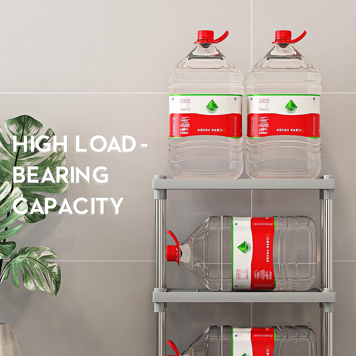 LEAIJIAFY 4 Tier Gray Plastic and Metal Standing Shelf Units, Durable Storage Shelves Rack Open Shelving for Pantry Kitchen Bathroom,13MM Steel Tubes