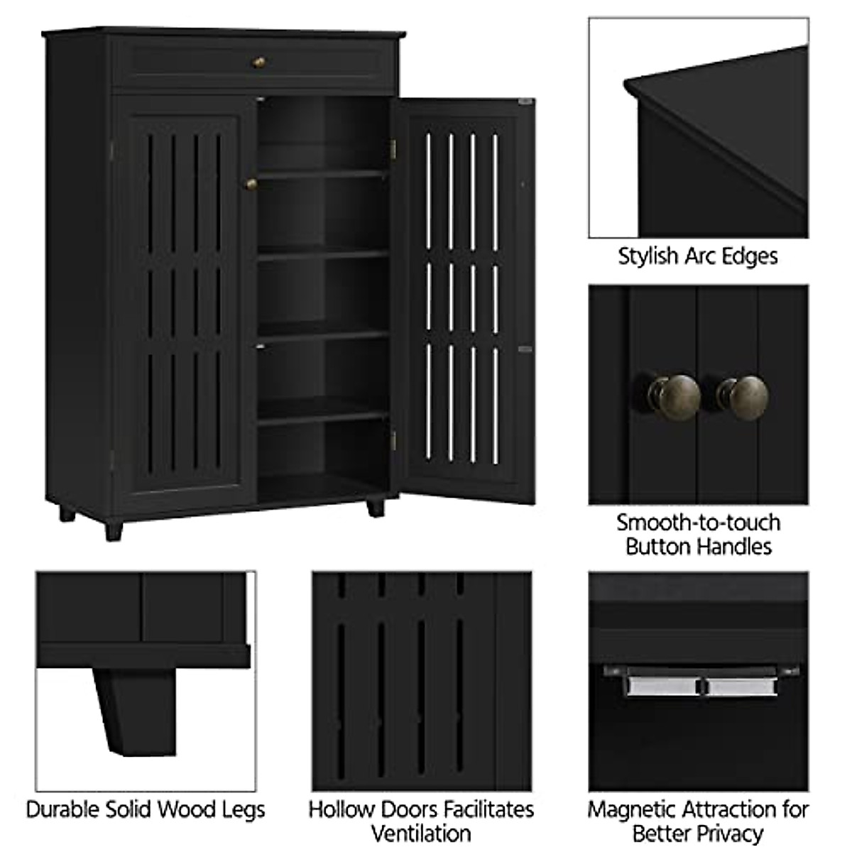 Yaheetech Shoe Cabinet, 5-Tier Shoe Rack Organizer with 1 Drawer, Freestanding Wooden Shoe Storage Cabinet with 2 Louvered Door & Adjustable Shelves for Entryway Hallway, Black