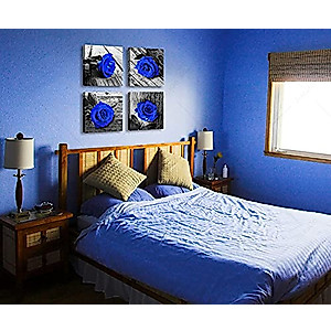 Canvas Wall Art Room Decorations Large Modern Black White Blue Rose Floral Pictures on Grey Valentine'S Day Framed Flower Paintings Decor Multi Panel Turquoise Artwork Living Women Bedroom